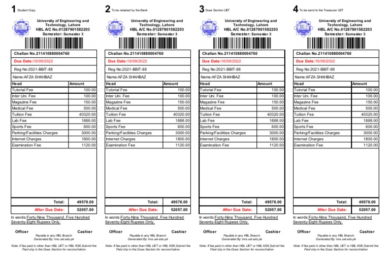 UET Lahore Semester 3 Fee Challan | PDF | Public Sphere