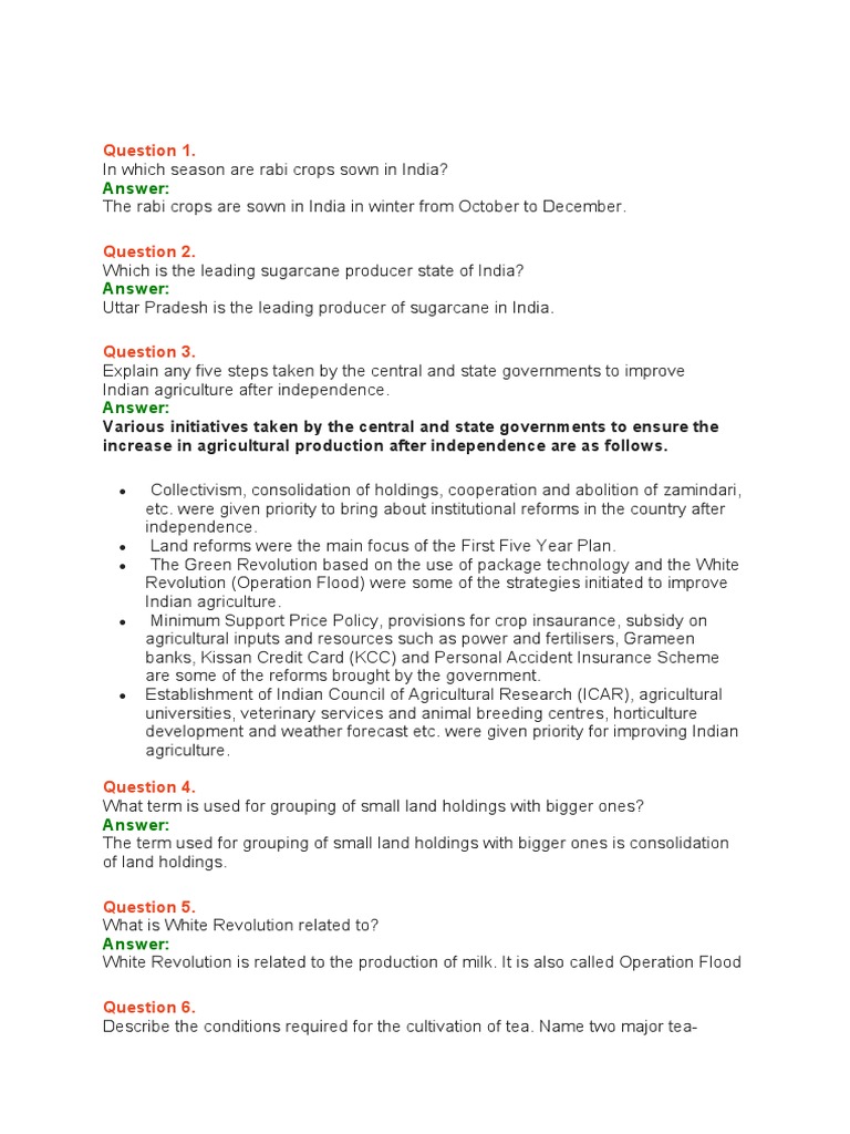 Important Questions (Agriculture) | PDF | Agriculture | Rice