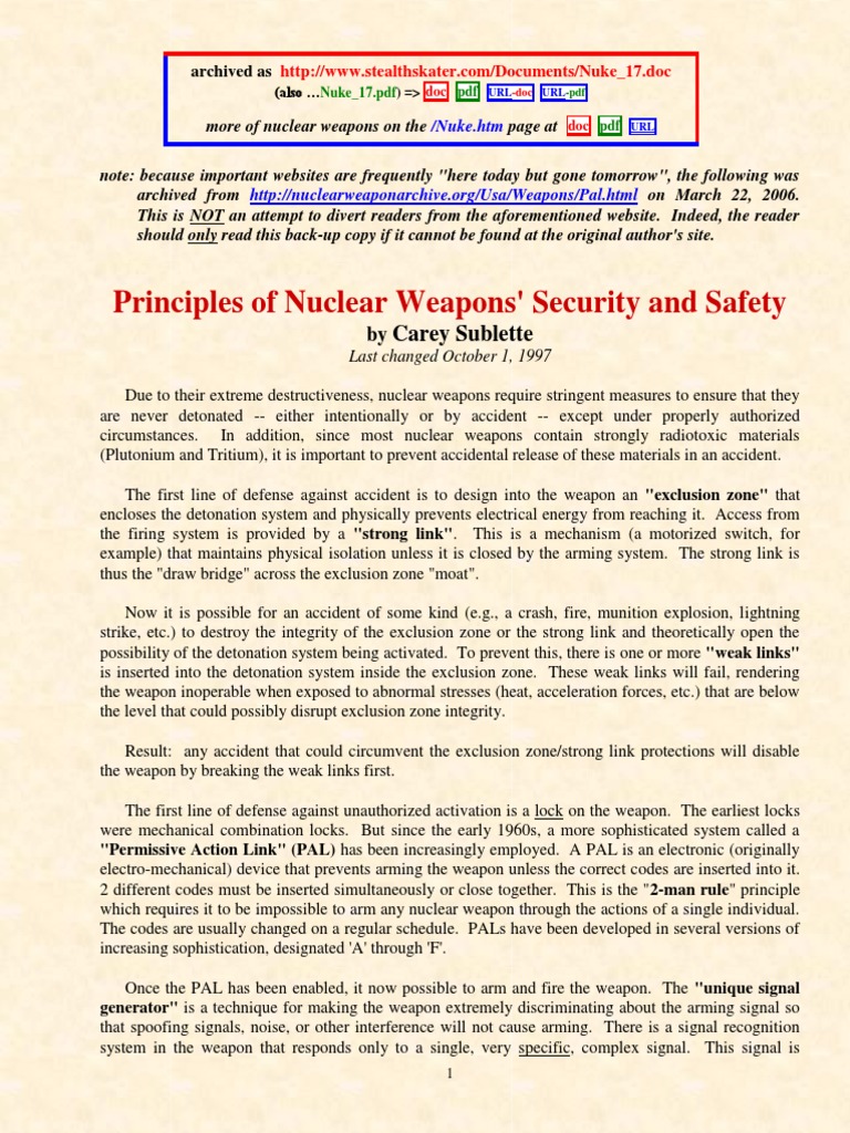 Principles of Nuclear Weapon Security and Safety | PDF