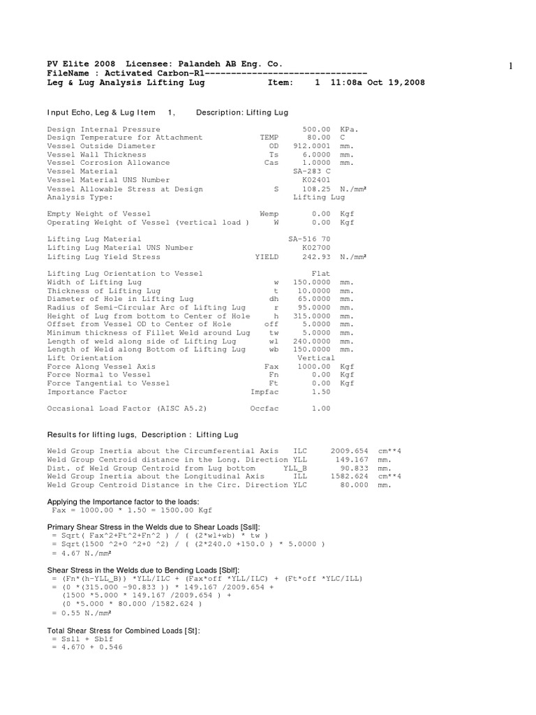 Lifting Lug Calculation | PDF | Bending | Stress (Mechanics)