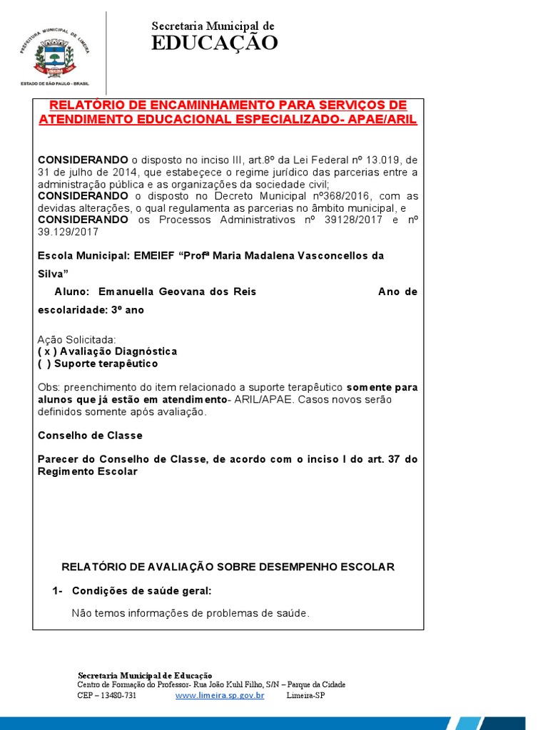 Relatório de Encaminhamento para Avaliação Aee - Apae - Aril Completo ...