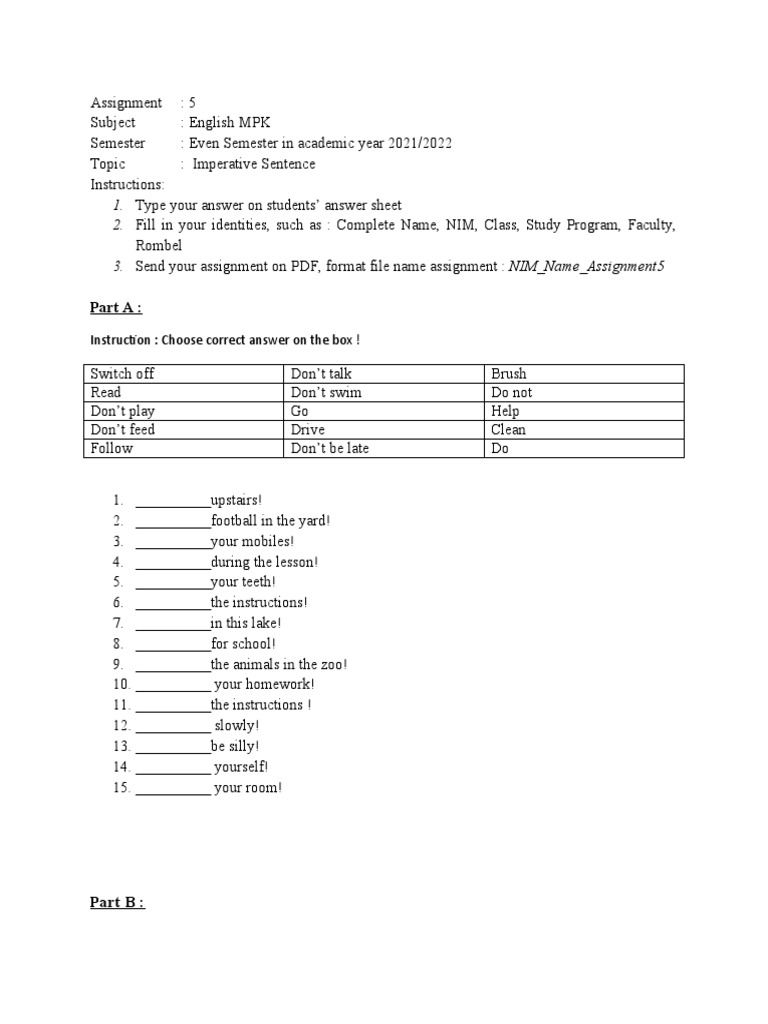 Assignment 5 Imperative Sentence Meeting 11 Pdf 