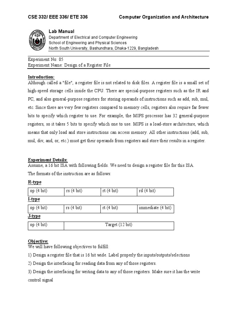 EXP-05 (Register File Design) | PDF | Bit | Central Processing Unit