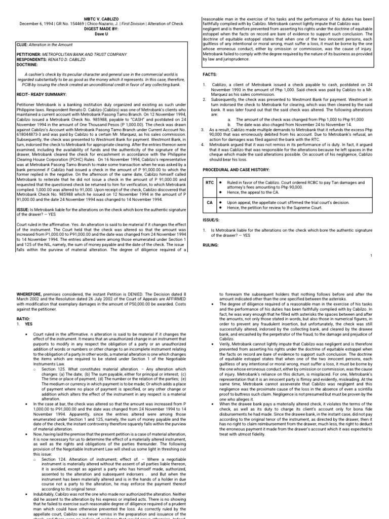 MBTC v. Cablizo - Umeran | PDF | Cheque | Money