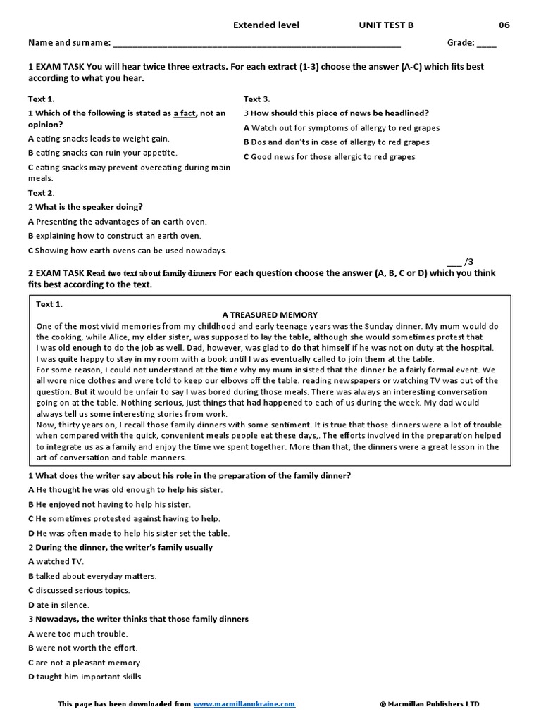 Extended Level Unit Test 6B | PDF | Meal | Foods