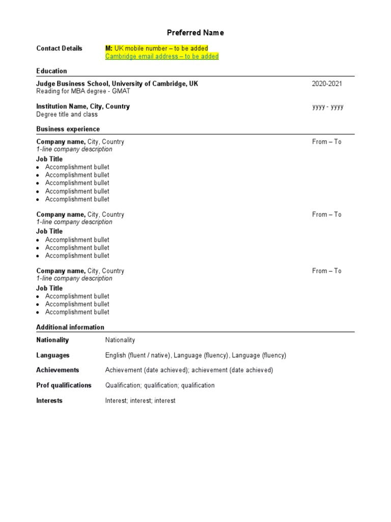 2020 Cambridge Mba CV Template | PDF | Career & Growth | Business