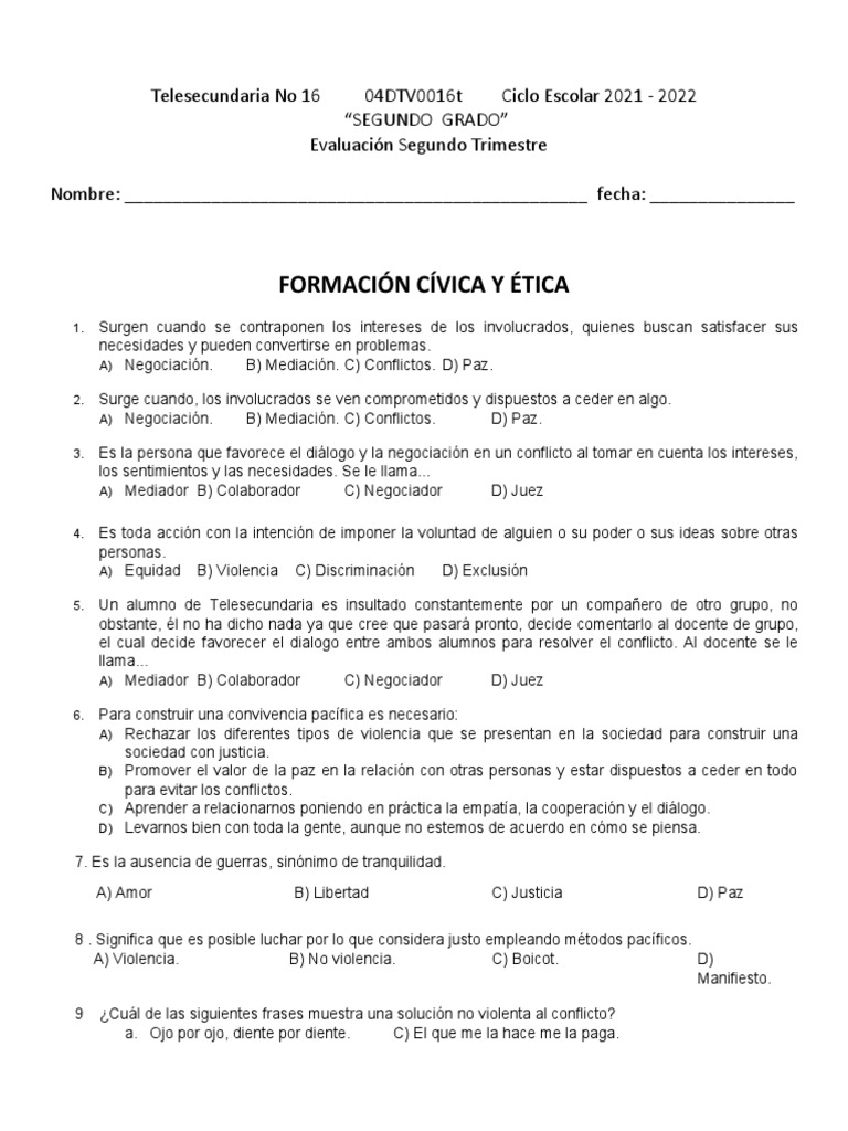 Examen De Formacion Civica Y Etica Pdf Mediación Democracia