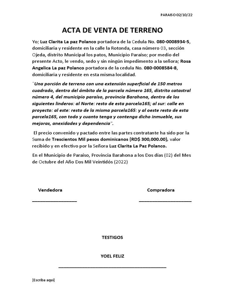 Acta de Venta de Terreno | PDF | Política | Derecho