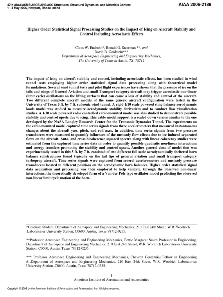 Higher Order Statistical Signal Processing Studies On The Impact of Icing On Aircraft Stability ...