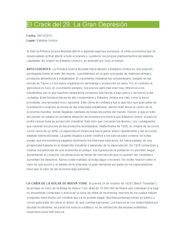 Causas y consecuencias del Crack del 29 | PDF | Gran depresion ...