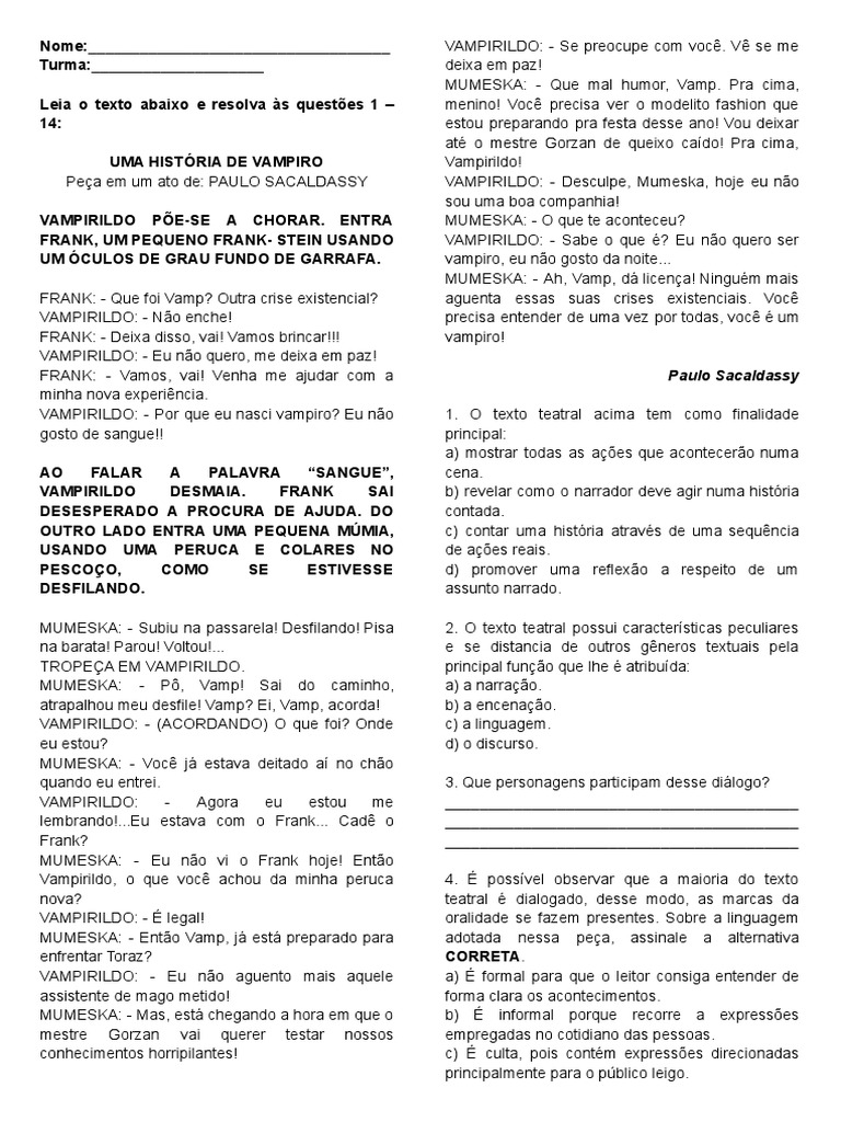 Atividade Textos Dramáticos Peça em Um Ato | PDF | Existencialismo ...