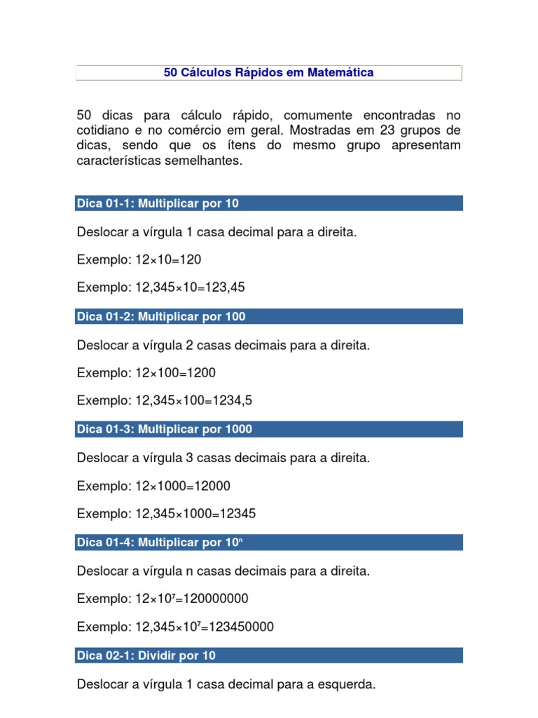 50 Dicas para Cálculo Rápido em Matemática | PDF | Métodos e Materiais ...