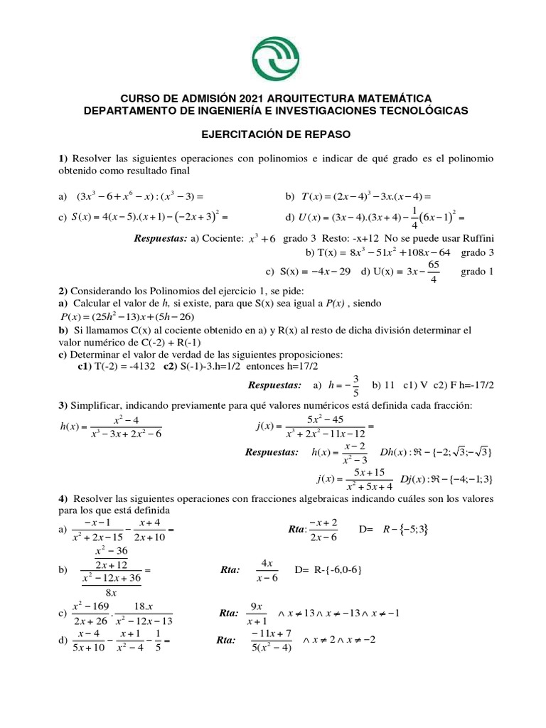 Ejercitacion de Respaso Matemática Curso de Ingreso Ingeniería UNLAM | PDF | Matemática ...