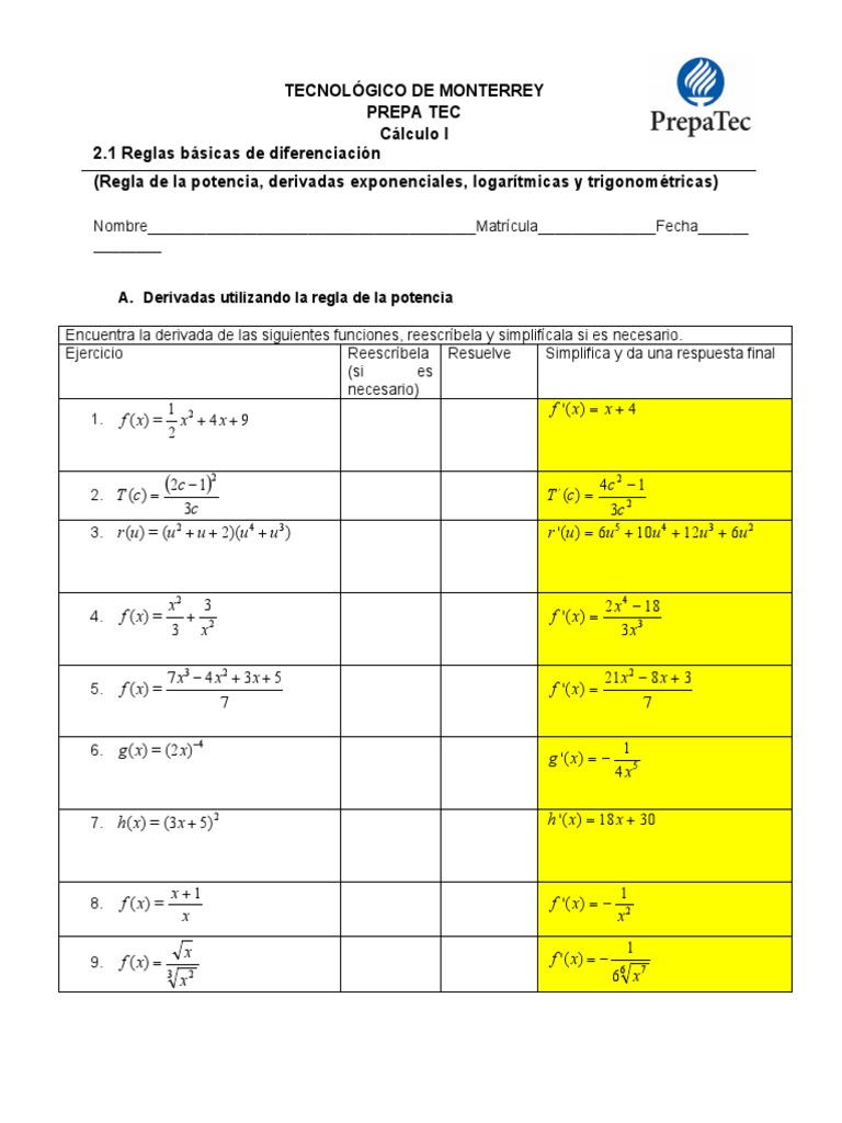 2.1 Reglas Básicas de Diferenciación-Respuestas | PDF | Análisis complejo | Relaciones matematicas
