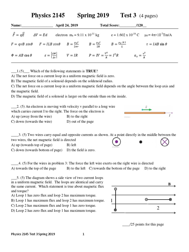 p2145s19 Test3 | PDF | Magnetic Field | Applied And Interdisciplinary ...