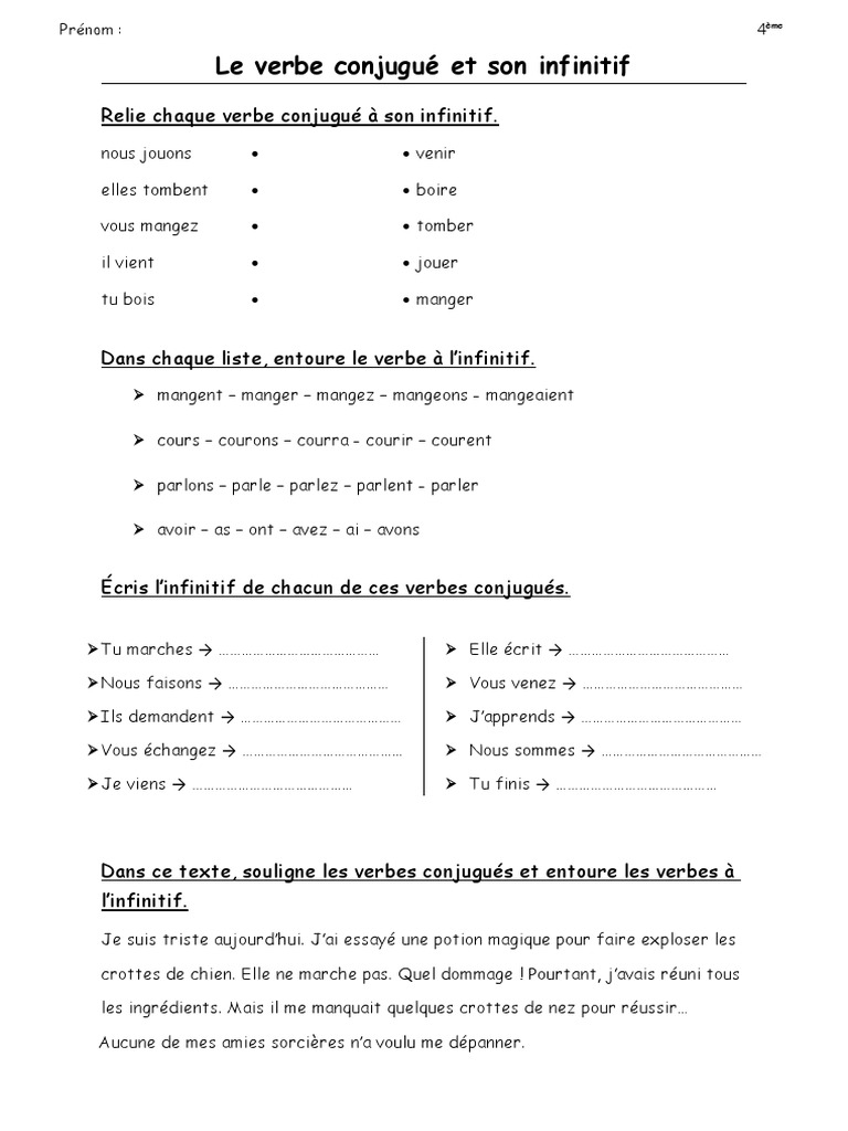 Verbes conjugués et infinitifs : exercices | PDF | Conjugaison ...