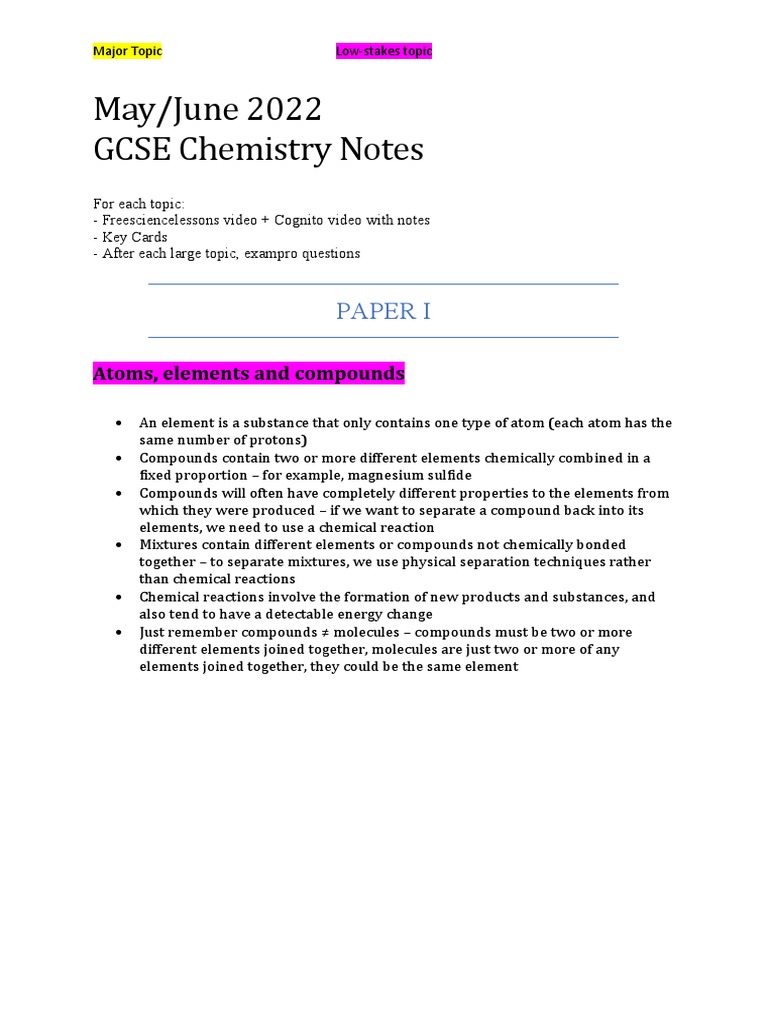 2022 GCSE Chemistry Notes | PDF | Redox | Atomic Nucleus