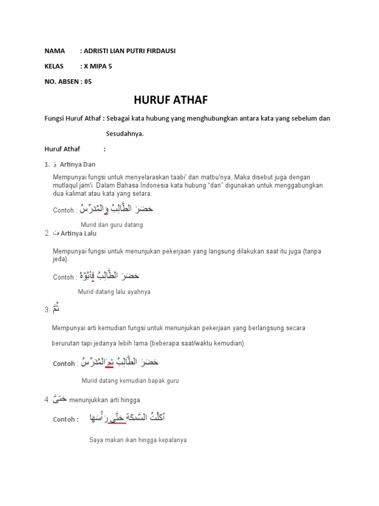 Huruf Athaf Adristi X Mipa 5 | PDF | Kajian Bahasa Asing