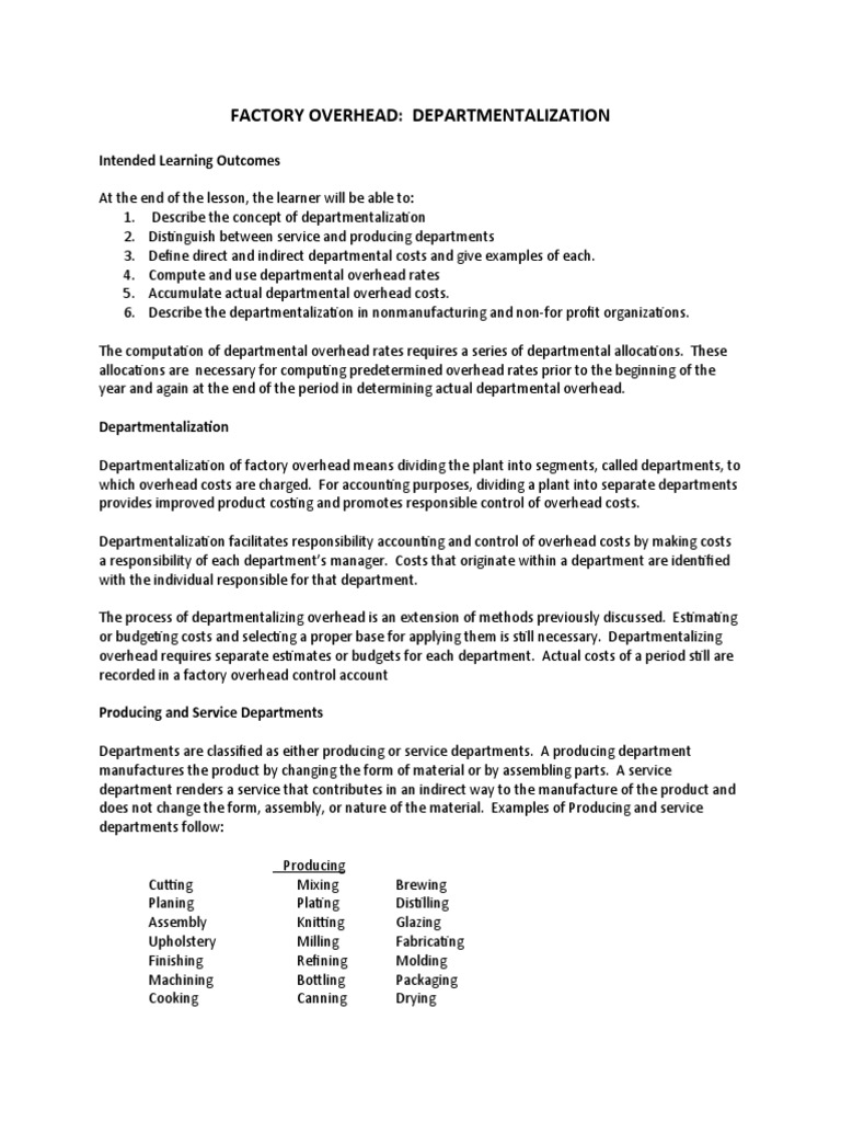 Departmentalization of Factory Overhead | PDF | Cost | Business Economics