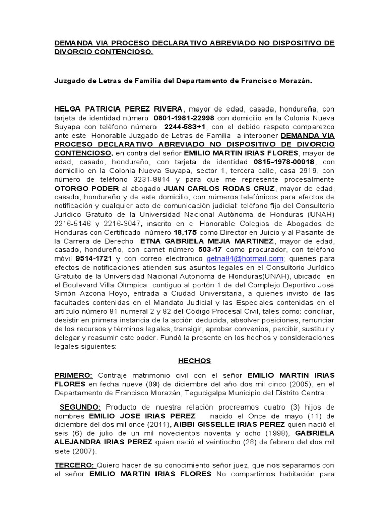 Demanda Divorcio Contencioso Pdf Divorcio Demanda Judicial 4061