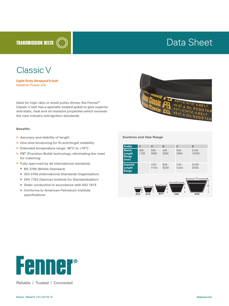 Fenner Datasheet Classic V Belts | PDF | Belt (Mechanical) | Applied ...