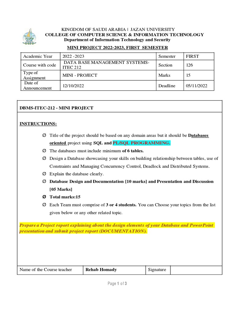 ITEC 212-DBMS - Mini Projectlist Guideline and Assessment | PDF | Databases | Sql
