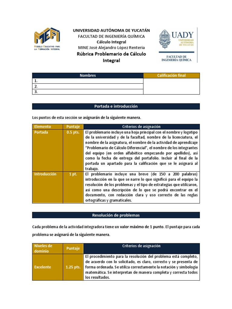 Rúbrica Problemario Cálculo Integral | PDF | Integral