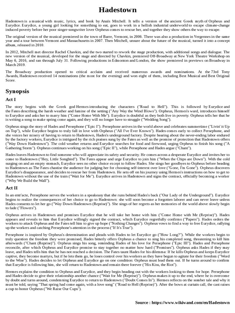 Hadestown - Synopsis | PDF | Performing Arts | Broadway Theatre