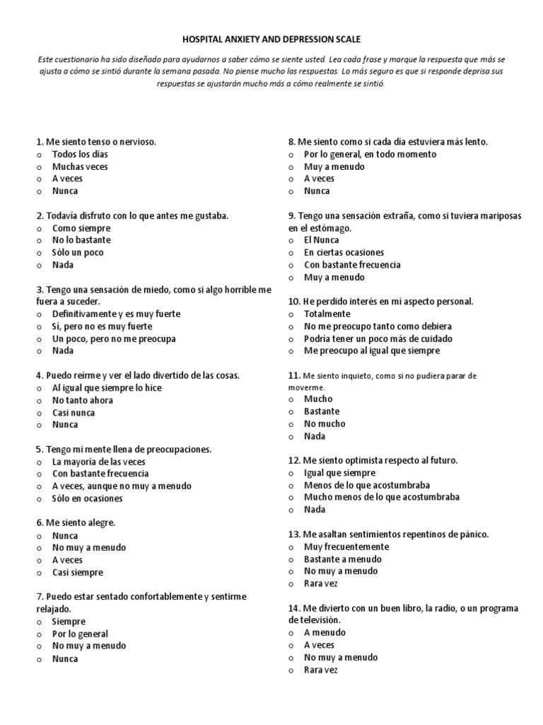 Cuestionario de Ansiedad y Depresión | PDF | Relaciones personales ...