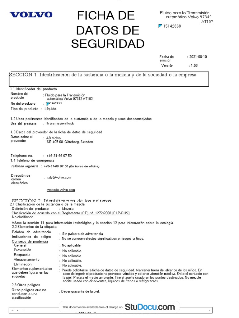 Ficha de Seguridad: Fluido Volvo AT102 | PDF | Residuos | Agua