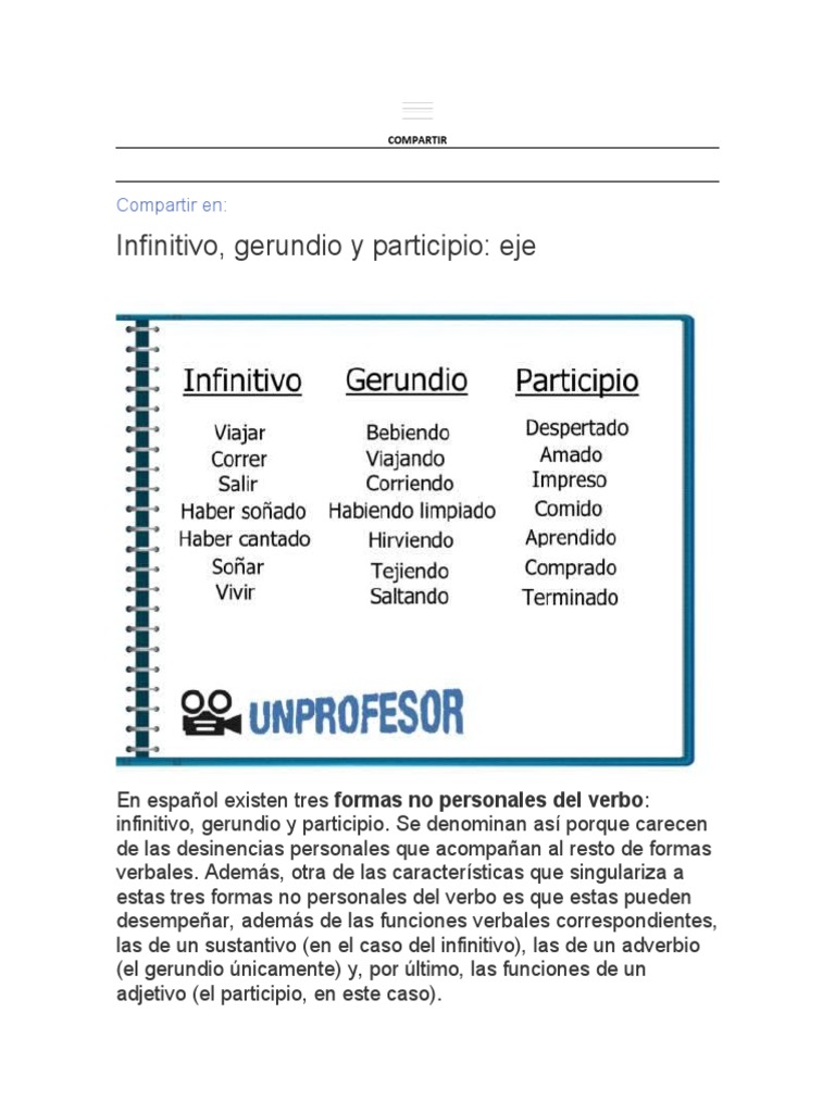Infinitivo, Gerundio y Participio: Eje: Compartir en | PDF | Verbo ...