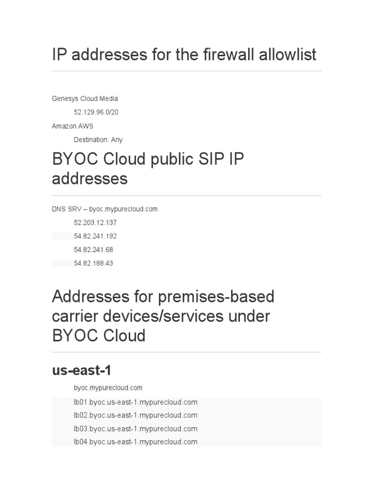 IP Addresses For The Firewall Allowlist - Genesys Cloud | PDF | Computers