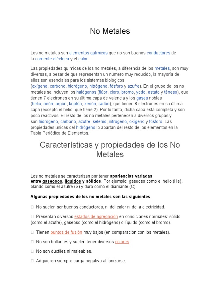Características y Ejemplos de No Metales | PDF | Materiales | Física ...