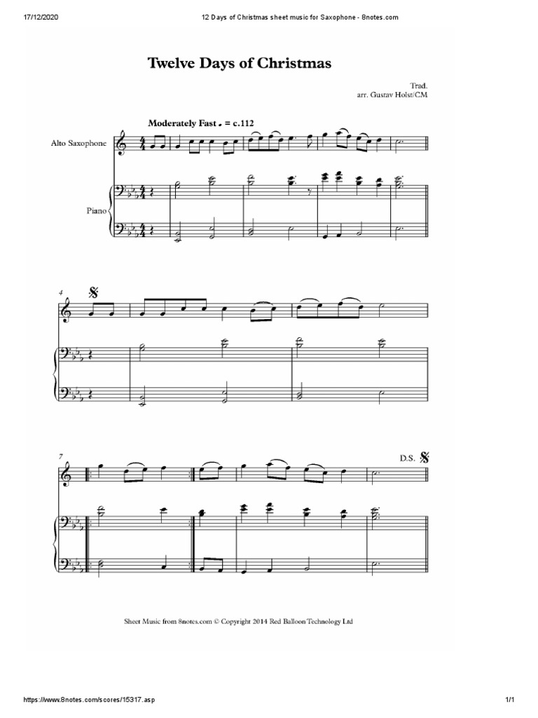 12 Days of Christmas Sheet Music For Saxophone | PDF