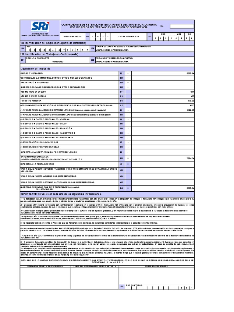 Formulario 107 | Descargar gratis PDF | Impuesto sobre la renta | Impuestos
