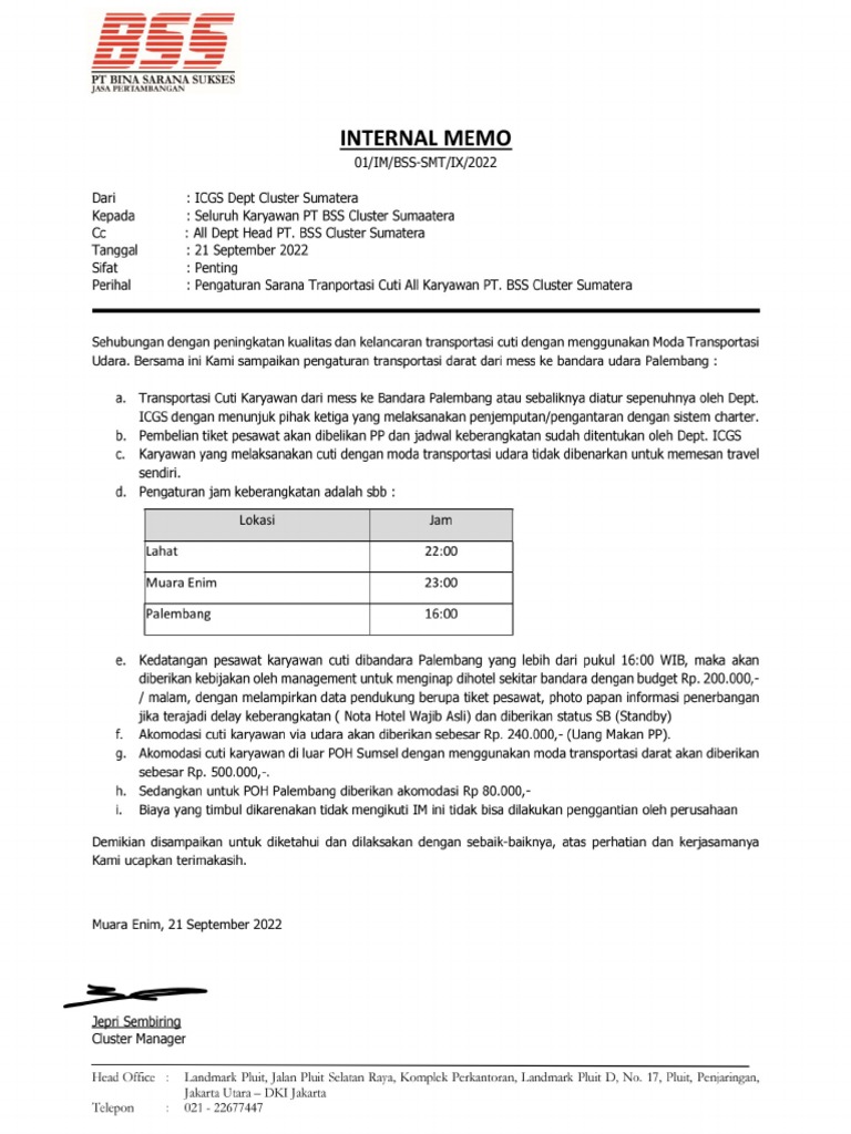 Internal Memo Transportasi Sarana Cuti | PDF