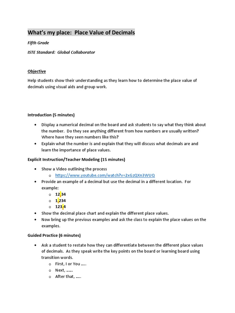 Lesson 1 Decimal Place Value Pdf
