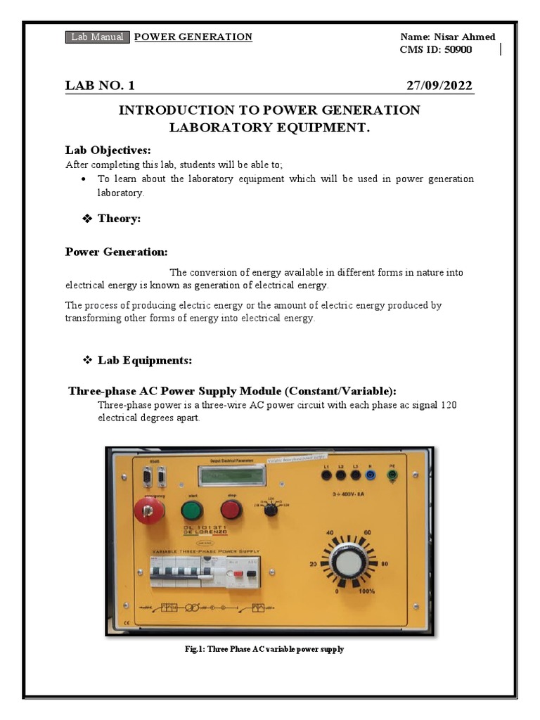 Lab No. 1 27/09/2022 Introduction To Power Generation Laboratory Equipment | PDF | Power Supply ...