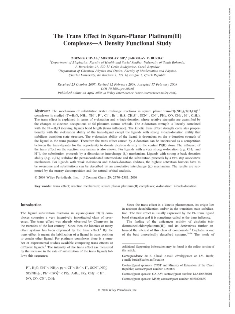 J Comput Chem-2008-The Trans Effect in Square Planar Platinum II Complexes A Density Functional ...