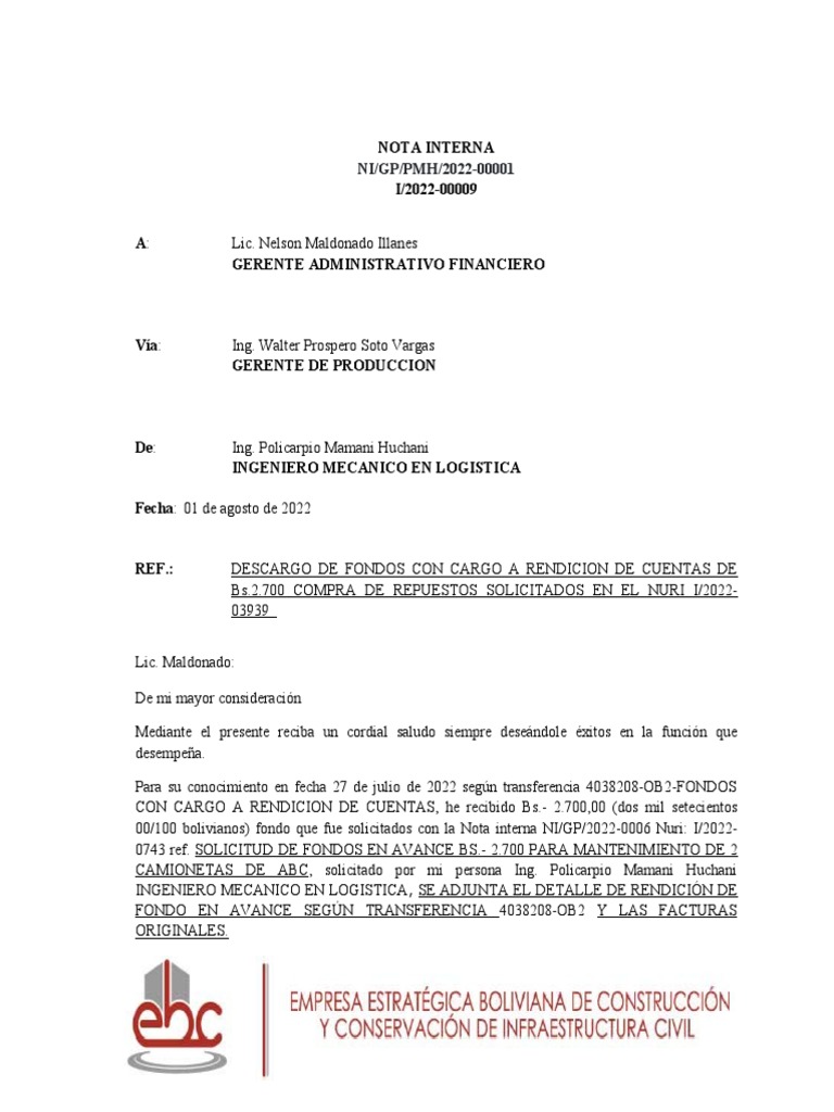 NOTA INTERNA DESCARGO DE FONDOS Bs.2700 REPUEST | PDF
