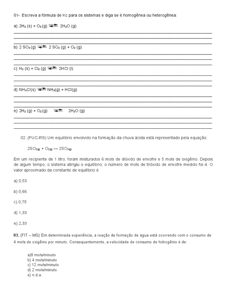 Exercícios Constante de Equilíbrio | PDF | Equilíbrio químico | Química
