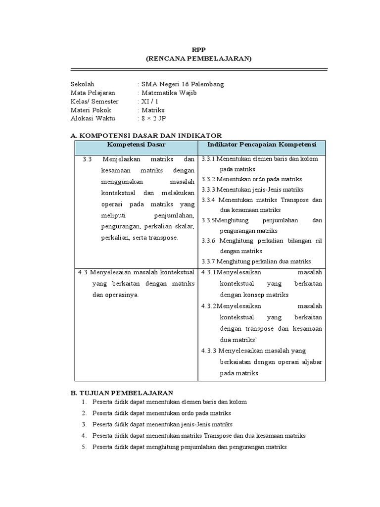 RPP 3.3 (Matriks) | PDF