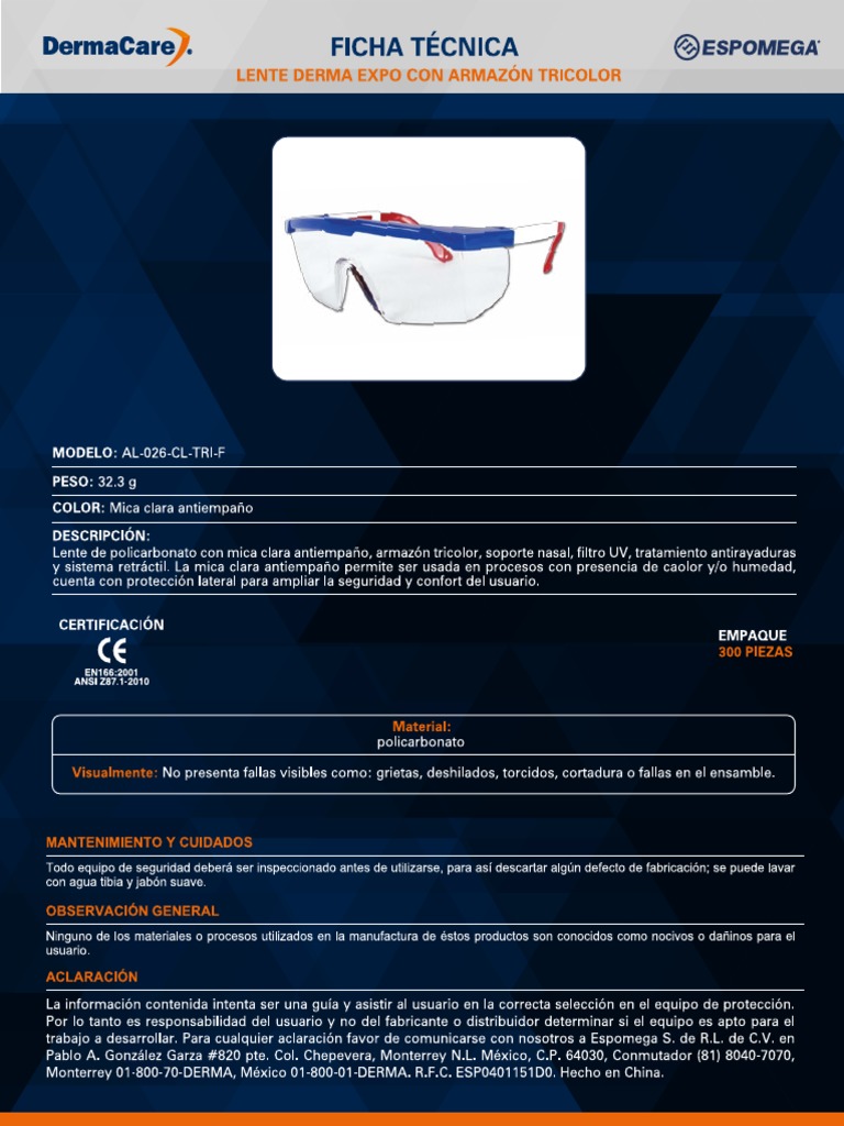 Ficha Tecnica Gafas Derma | PDF