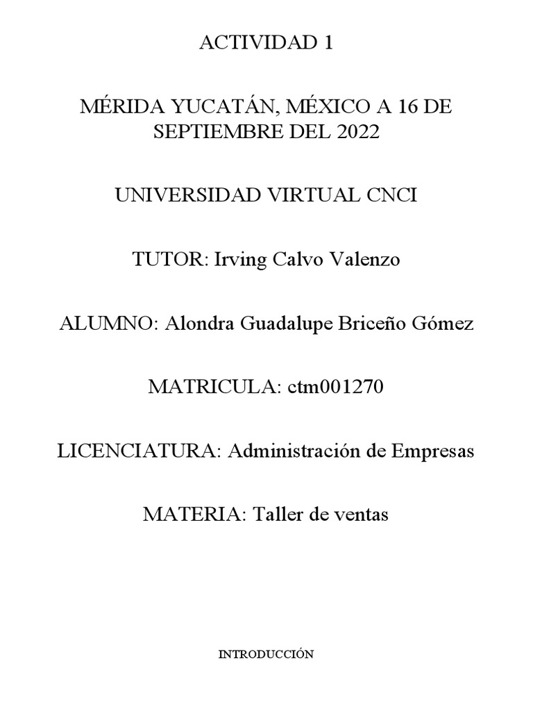 ACTIVIDAD 1 Taller de Ventas | PDF ACTIVIDAD 1 Taller de Ventas | PDF