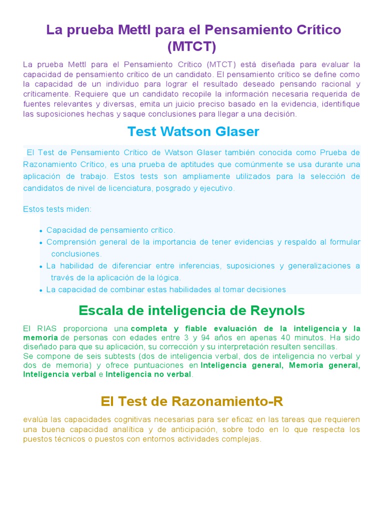 Pruebas Cognitivas | PDF | Inteligencia | Pensamiento crítico