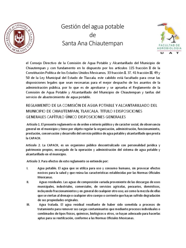 Reglamento de CAPACH en Chiautempan | PDF | Agua | Alcantarillado