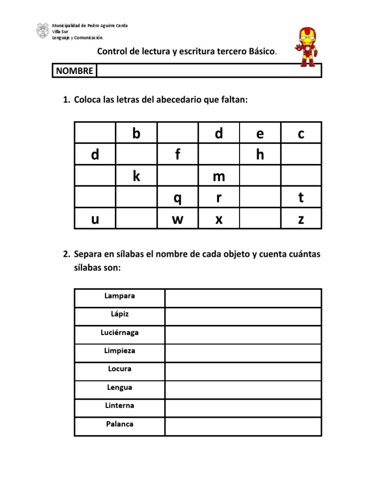 Control de Lectura y Escritura Tercero Básico | PDF