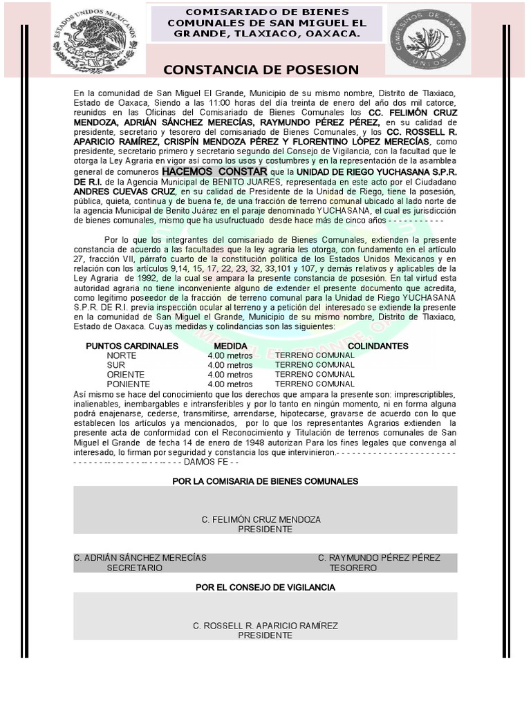 Constancia de Posesión de Terreno Comunales | PDF | Justicia | Crimen y ...