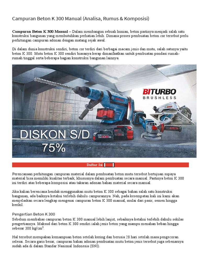 Campuran Manual Beton K 300 SNI | PDF
