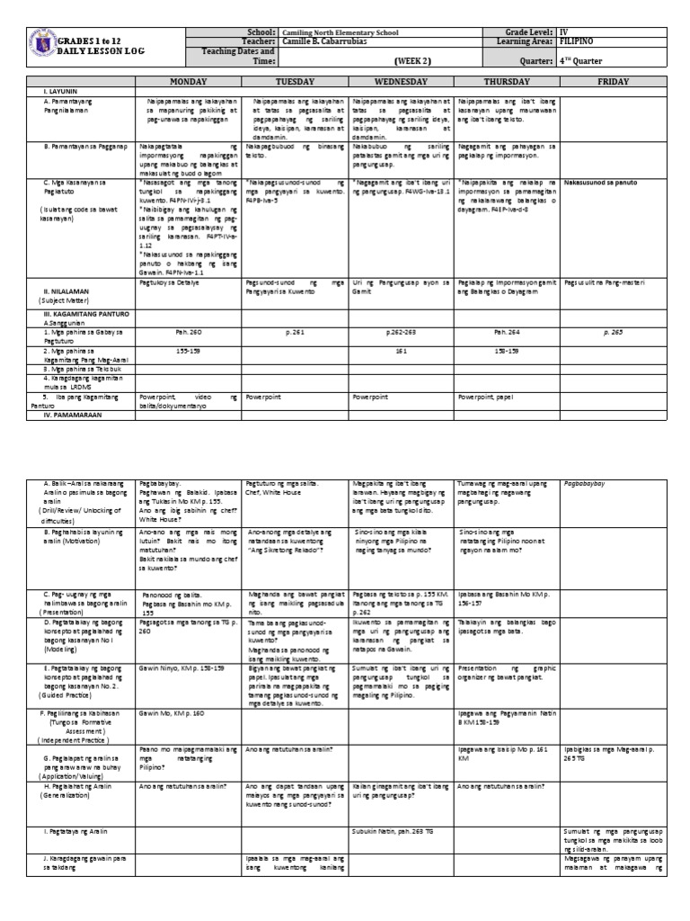 Grade 4 DLL FILIPINO 4 Q4 Week 2 | PDF